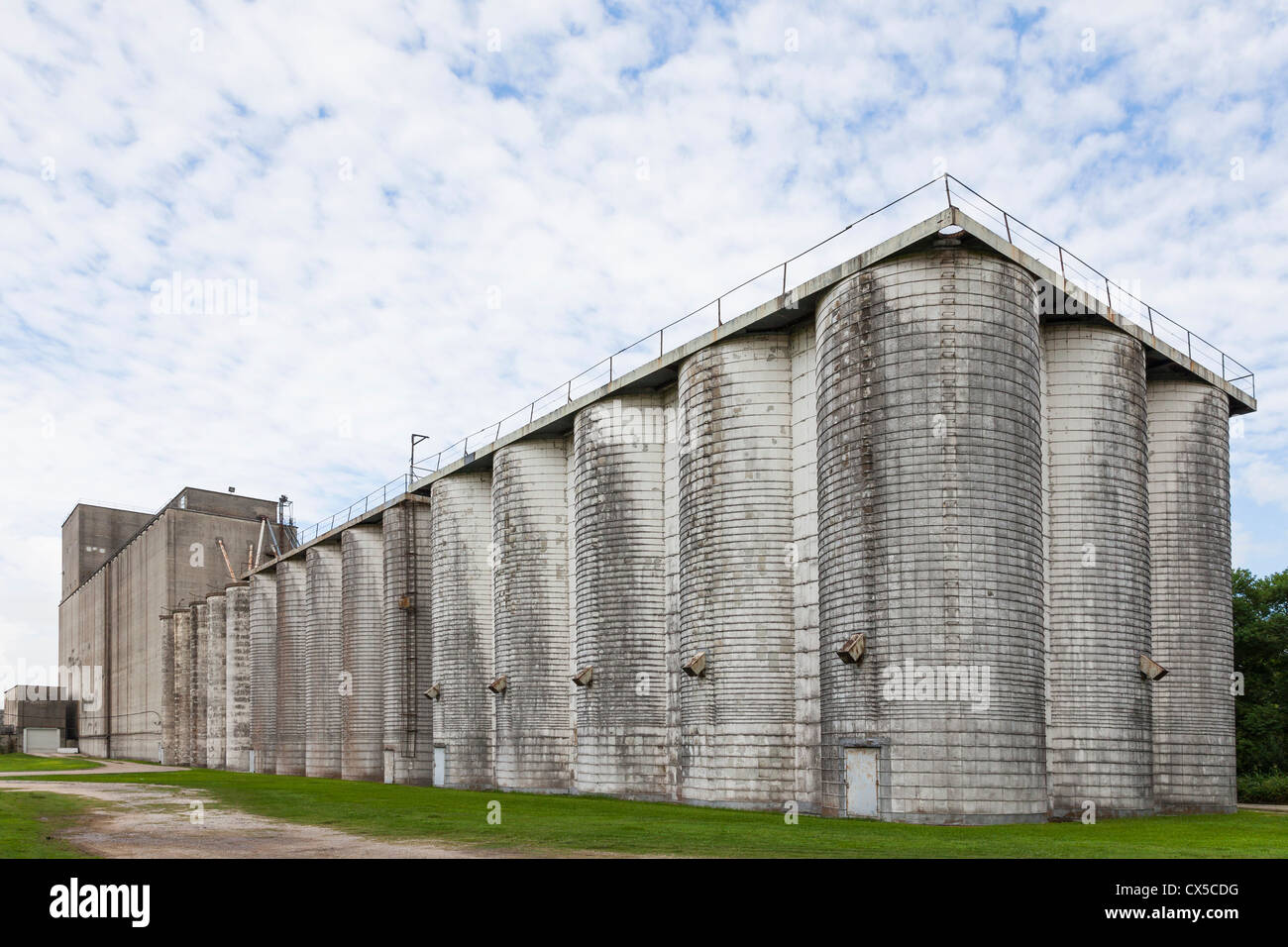 Rice storage silos with grain elevator at rural rice dryer in South ...