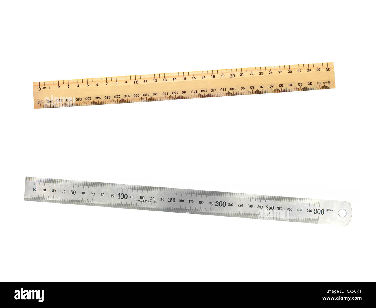 A metal ruler isolated against a white background Stock Photo - Alamy