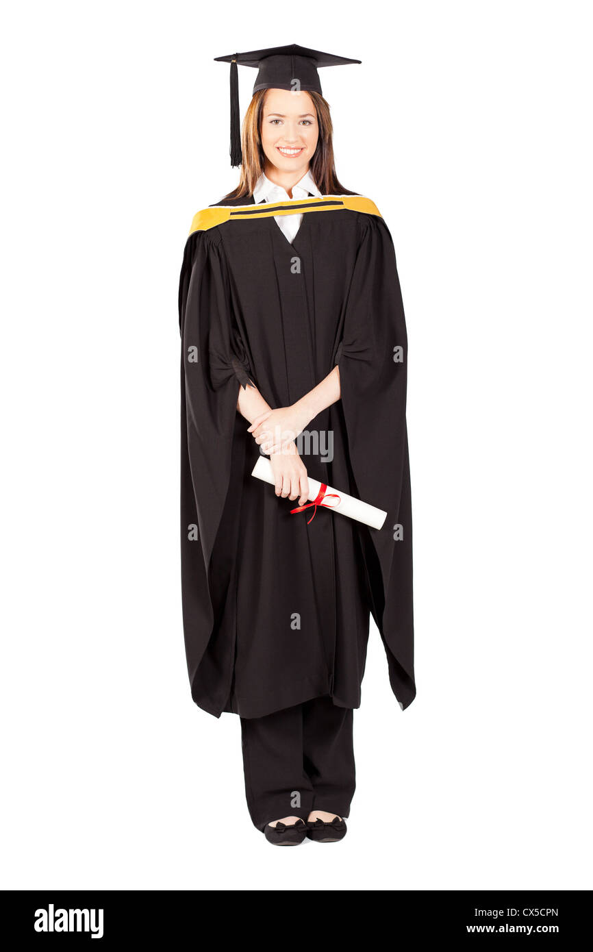 happy female university graduate full length portrait isolated on white ...