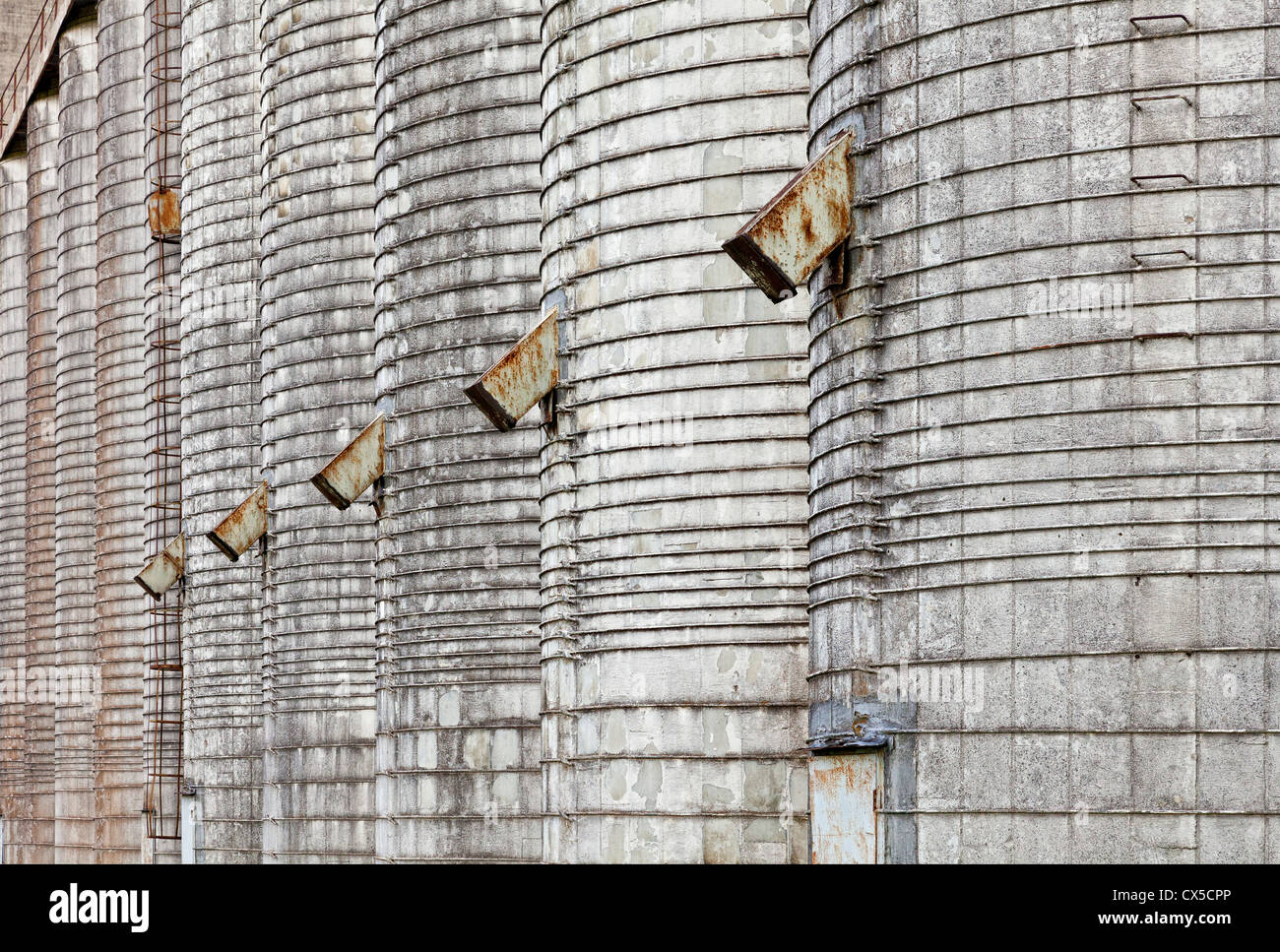 Close-up of detail in old rice storage silos at Hardy Rice Mill in ...