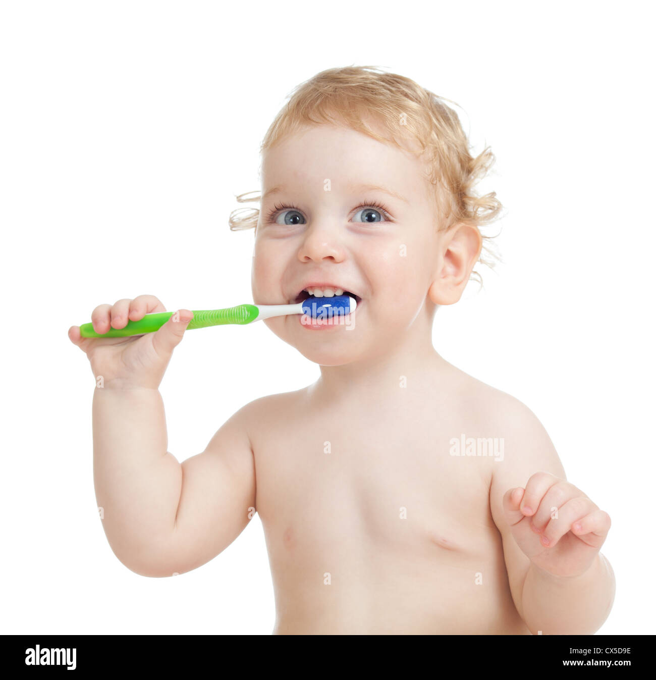 Happy child brushing teeth isolated on white Stock Photo - Alamy