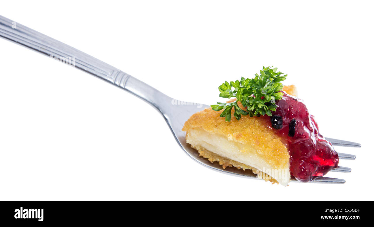 Fried Gouda on a fork against white background Stock Photo - Alamy