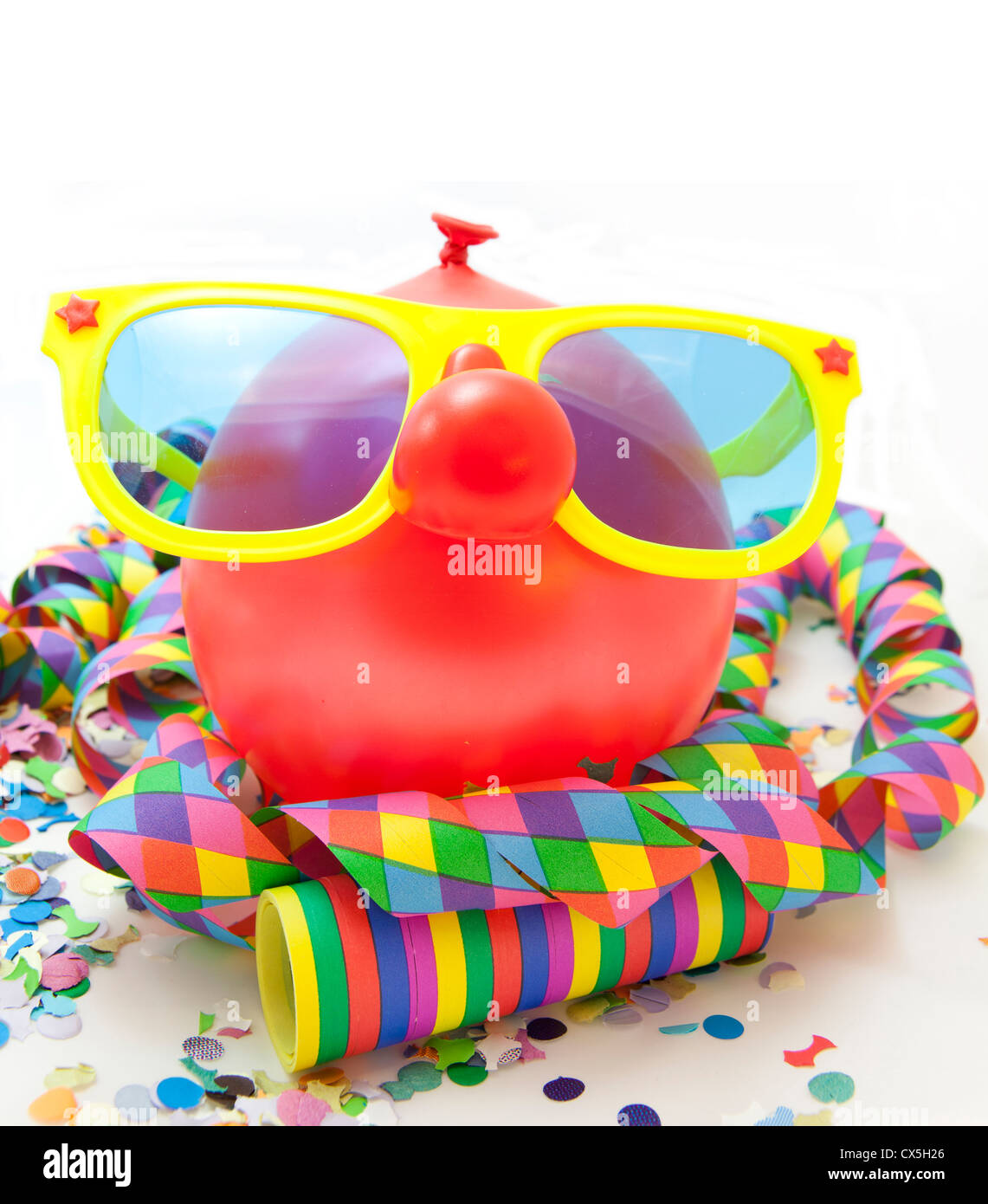 Colorful carnival background with balloon, stripes and mask Stock Photo ...