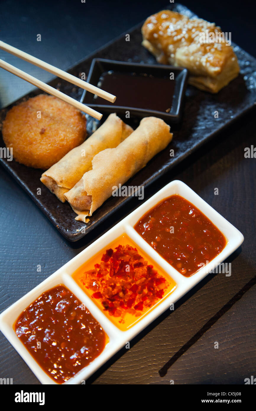 Spring Rolls, Puff pastry and Potato Cake with dips at Ping Pong ...
