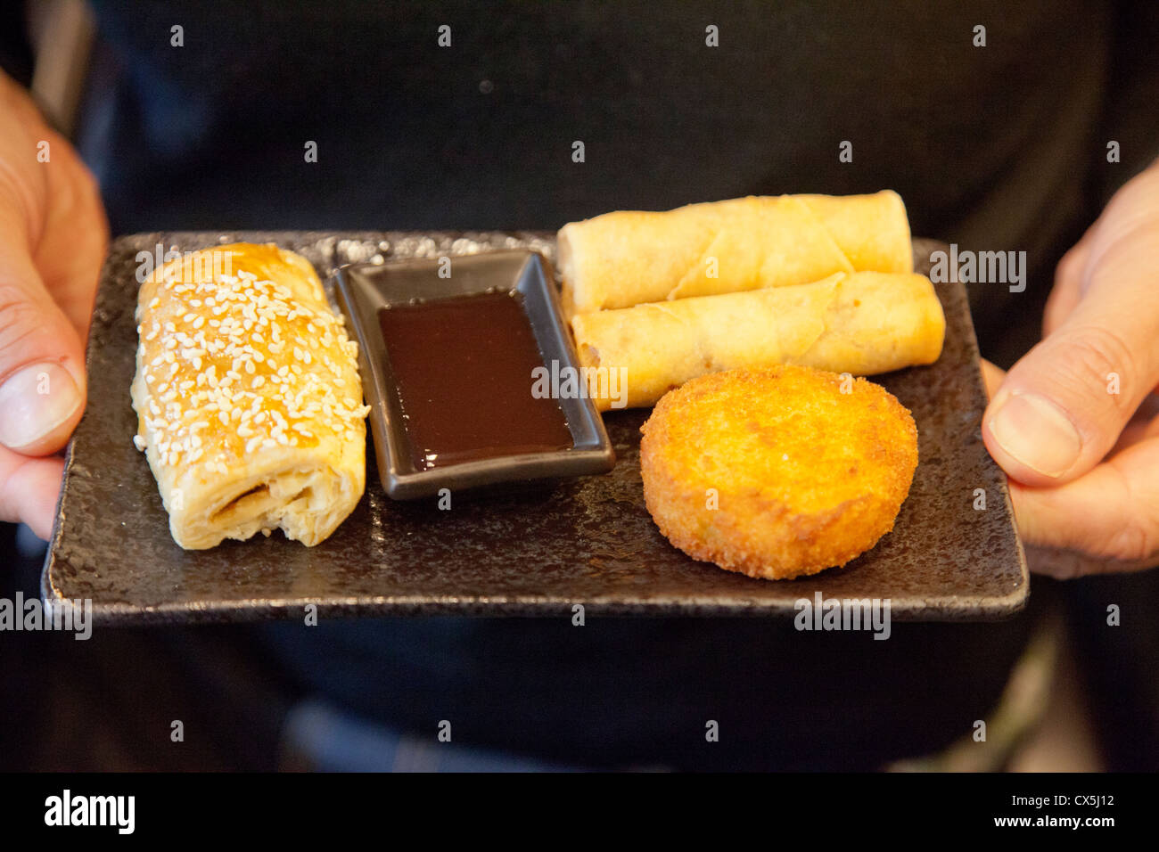 Spring Rolls, Puff pastry and Potato Cake with dips at Ping Pong ...