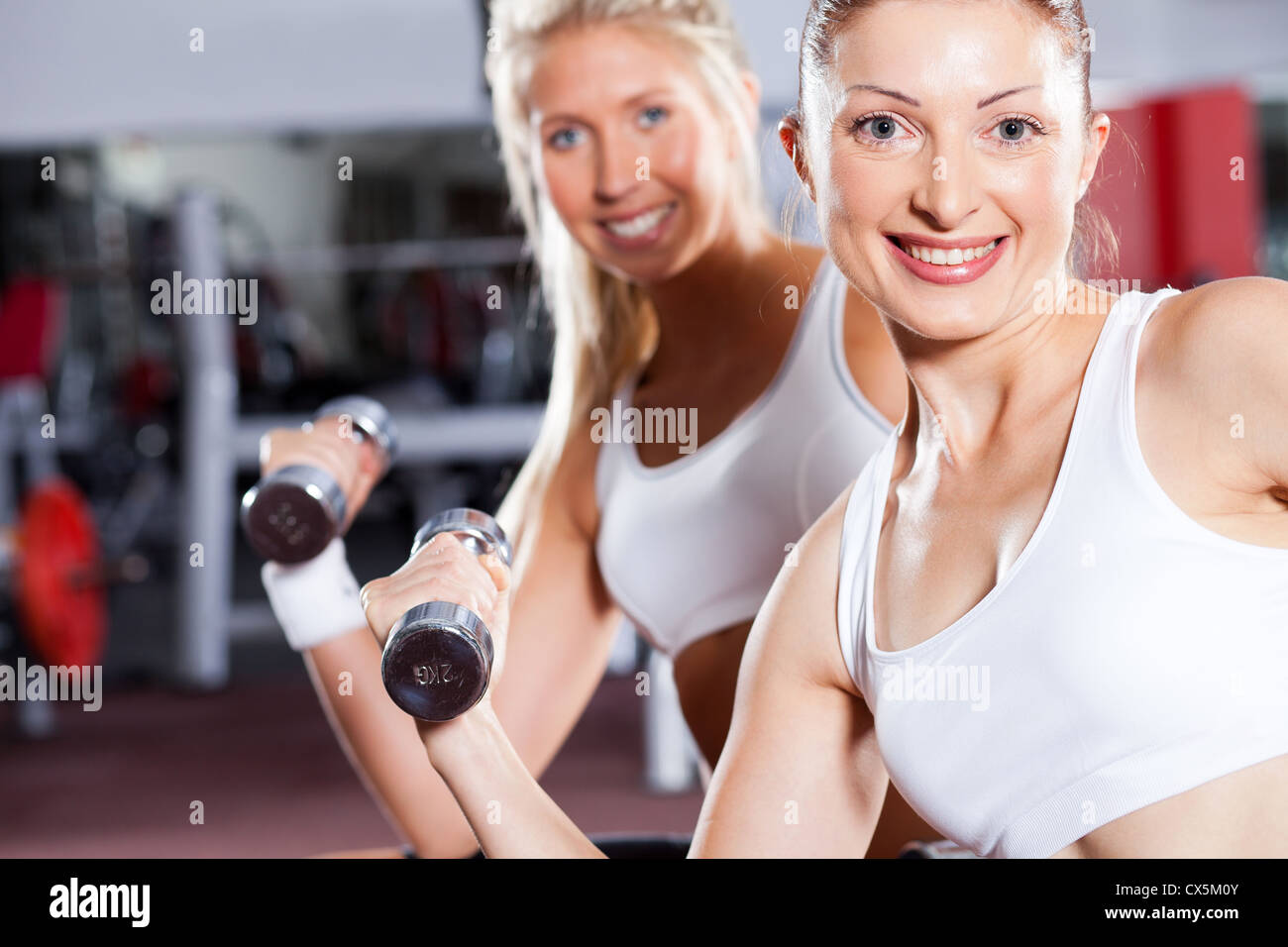 two fitness women doing dumbbell exercise in gym Stock Photo - Alamy
