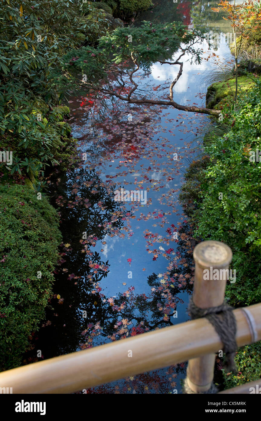 Bamboo bridge over a stream in the gardens of Imperial villa Tamozawa ...