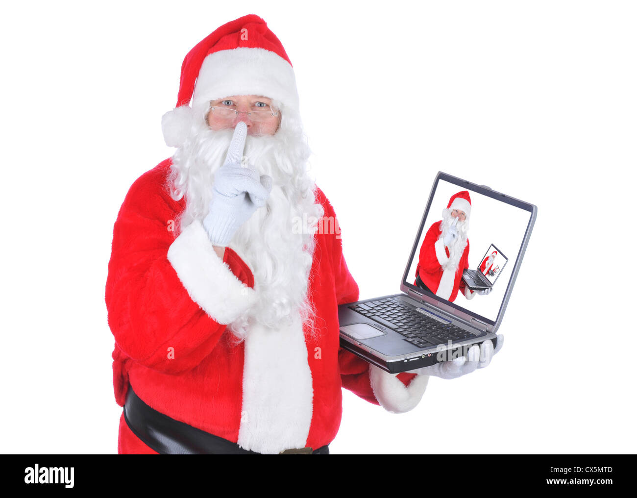 Santa Claus With Laptop Making Shh Sign repeated on the screen many ...