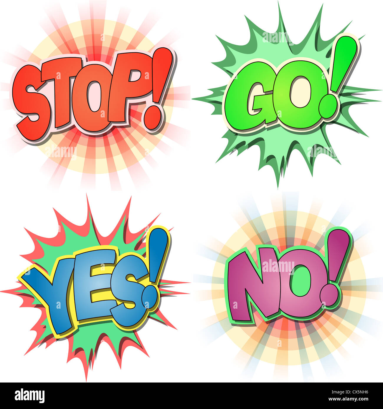 A Selection of Comic Book Exclamations and Action Words, Stop, Go, Yes ...