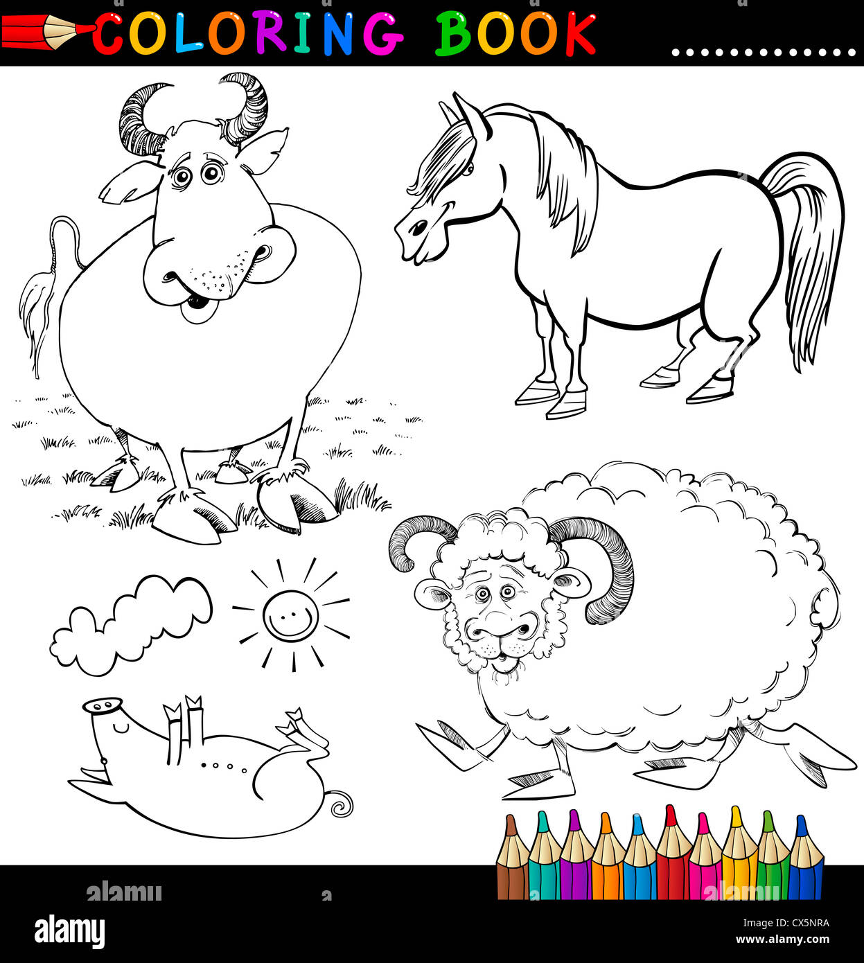 Coloring Book or Page Cartoon Illustration of Funny Farm and Livestock ...