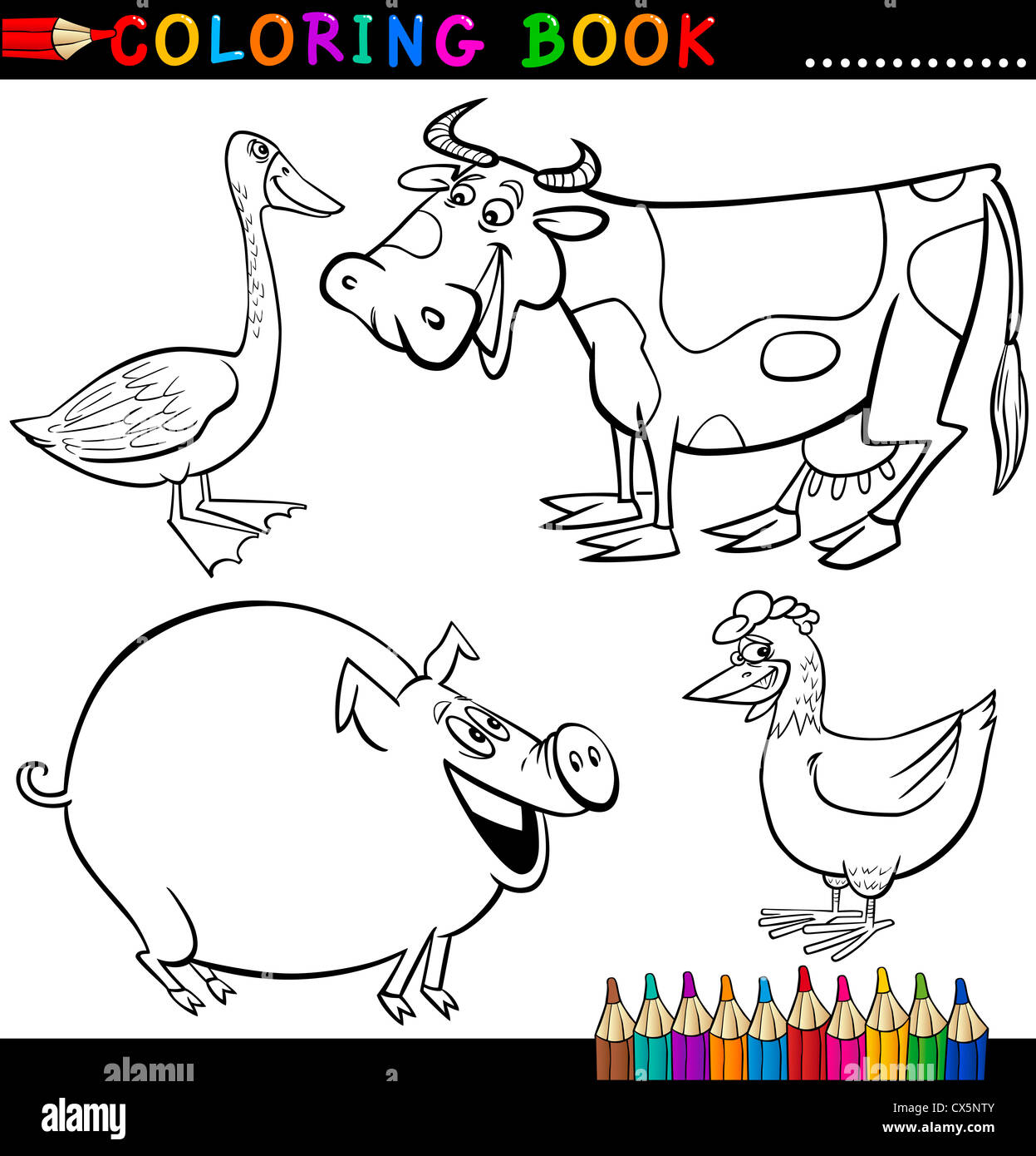 Coloring Book or Page Cartoon Illustration of Funny Farm and Livestock ...