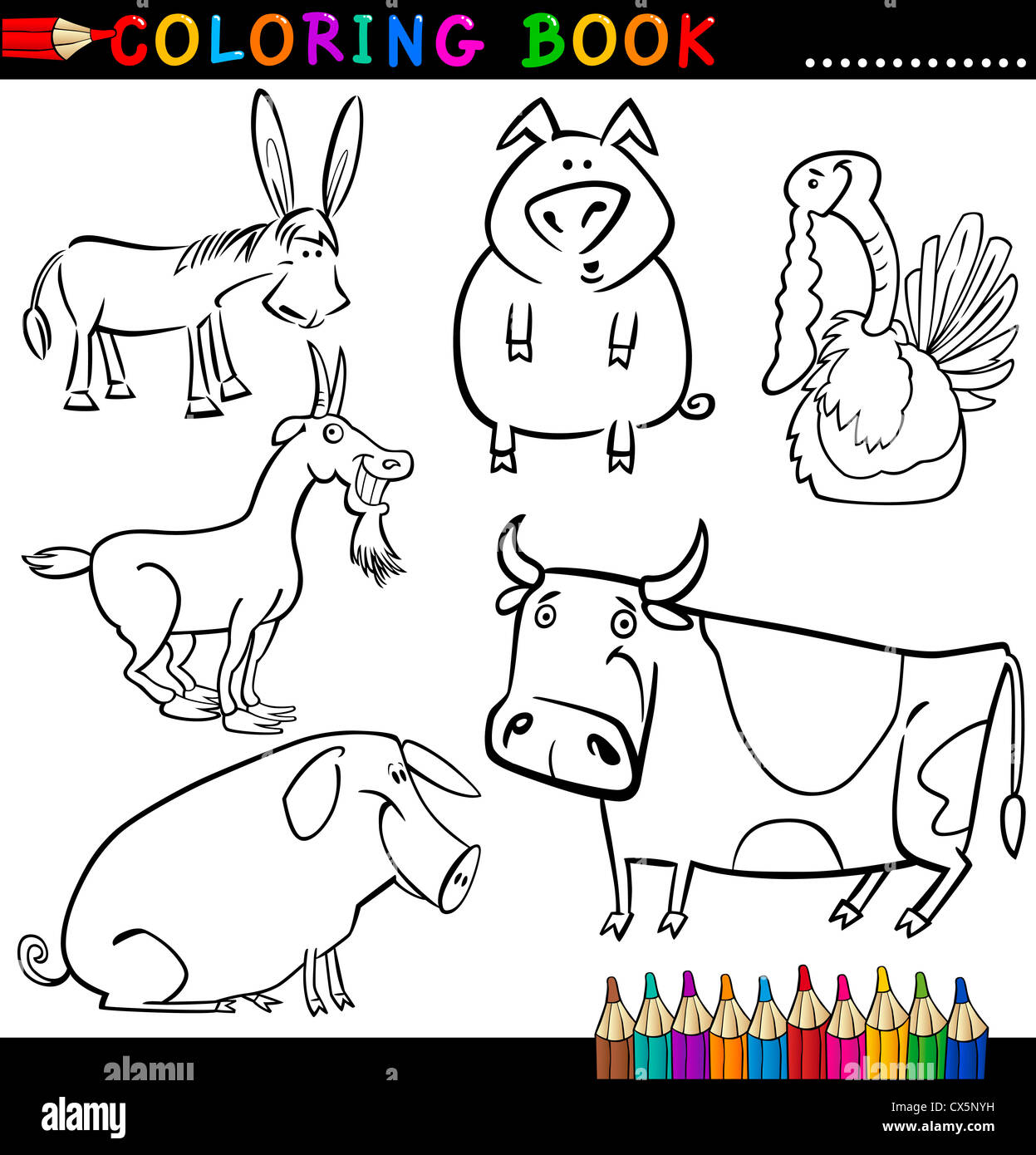 Coloring Book or Page Cartoon Illustration of Funny Farm and Livestock ...
