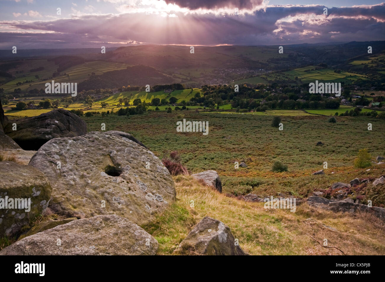 Sun burst looking out from Baslow Edge in the Peak District National ...