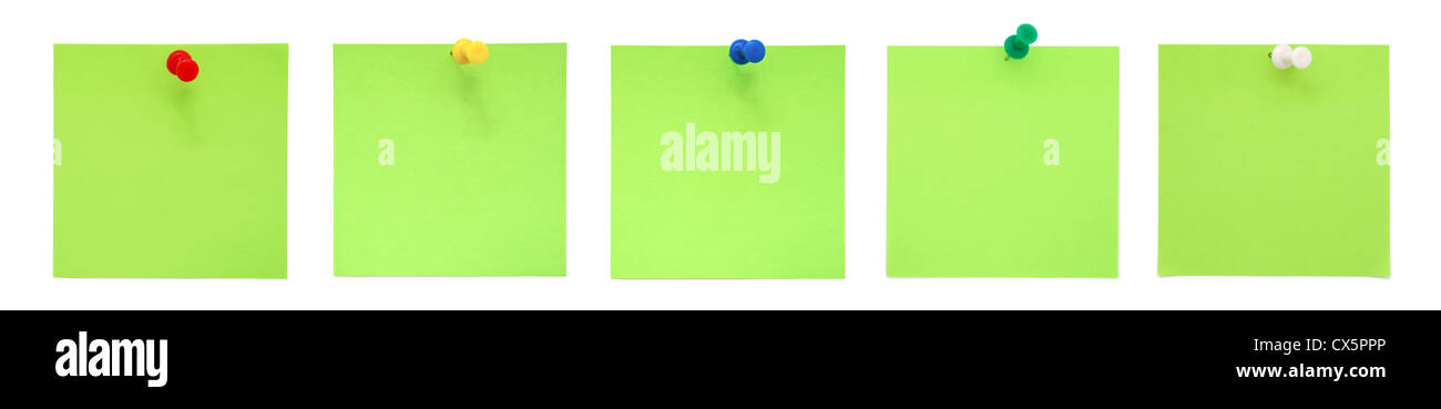 Set of green sticky notes with pushpins isolated on white background ...