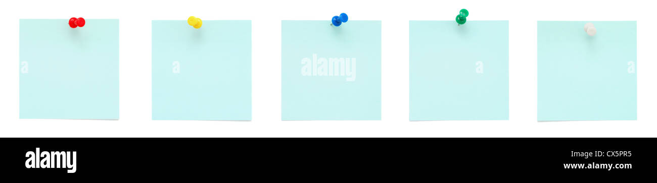 Set of blue sticky notes with push pins isolated on white background ...