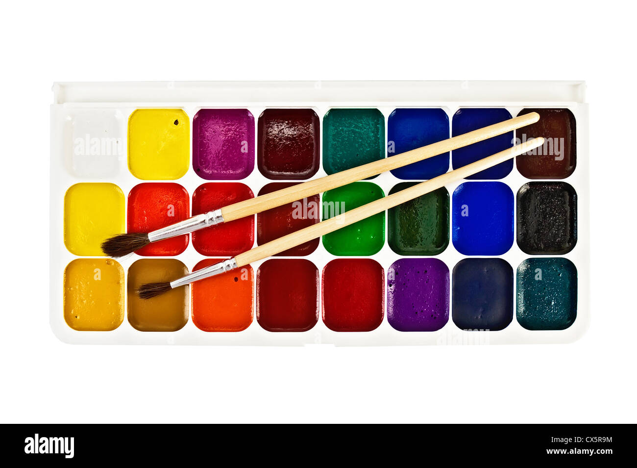 Paintbox twenty four colors and two brushes isolated on white ...