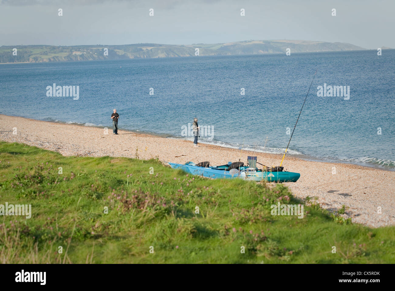 Line fishing, Beesands Beach, Start Bay, South Devon, UK. September ...