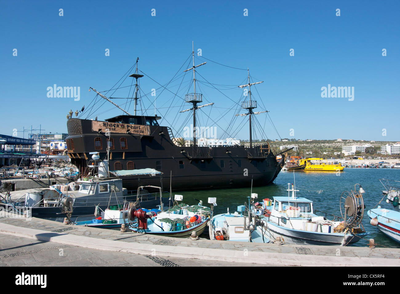 Harbour at Ayia Napa, Cyprus with "pirate" ship Stock Photo - Alamy