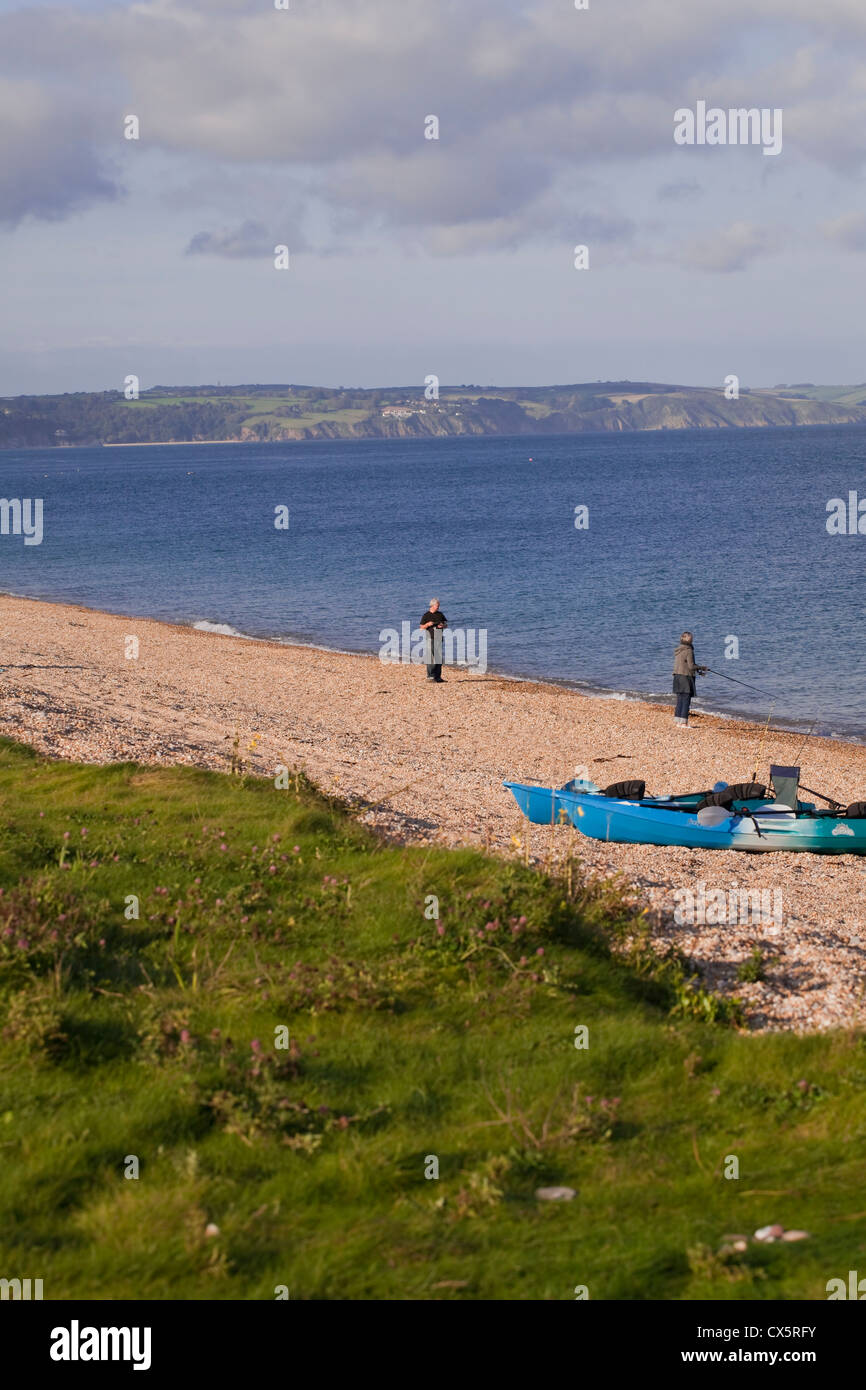 Line fishing, Beesands Beach, Start Bay, South Devon, UK. September ...