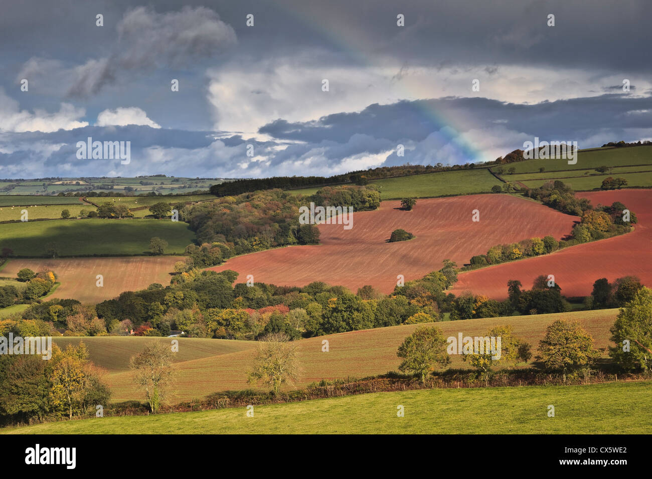 A passing storm over the Raddon Hills in Devon gives way to a rainbow ...