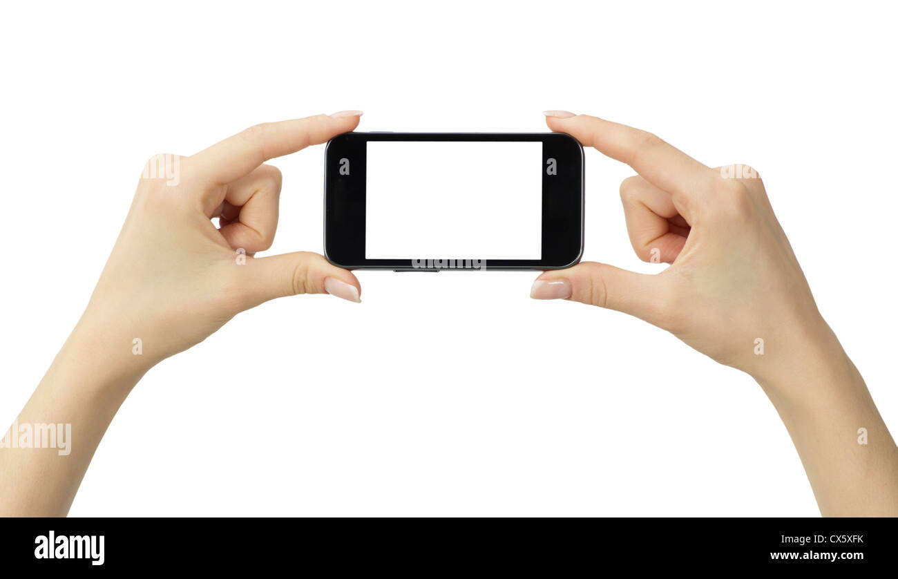 Hands holding mobile isolated on white Stock Photo - Alamy