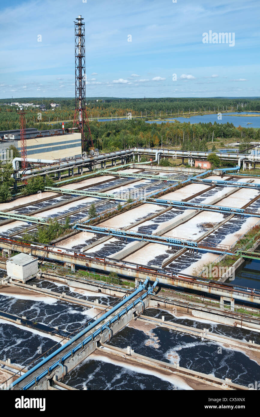 Waste water storage tanks in treatment plant. Water aeration on ...