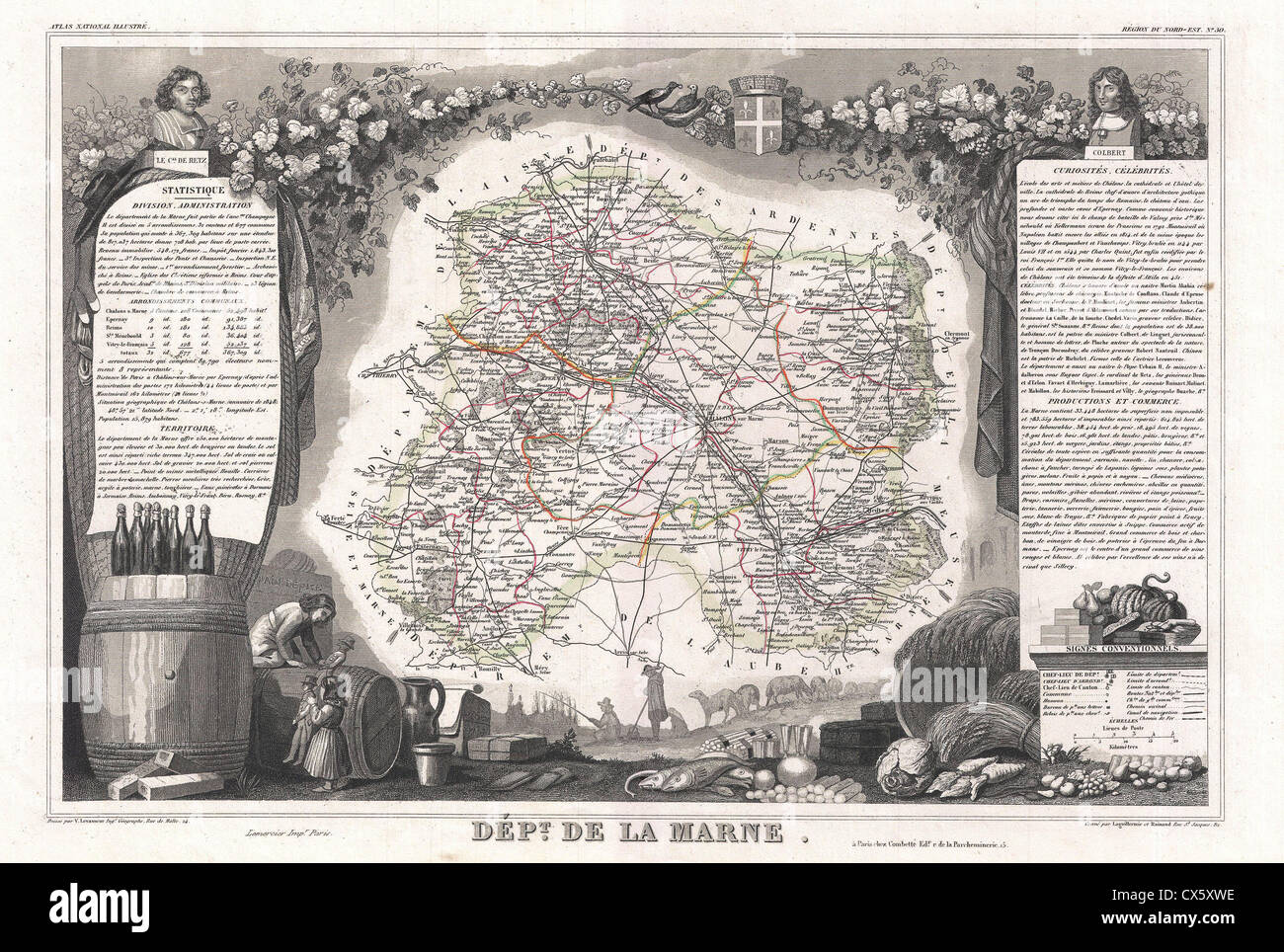 The 1852 Levasseur Map of the Department De La Marne highlights the ...