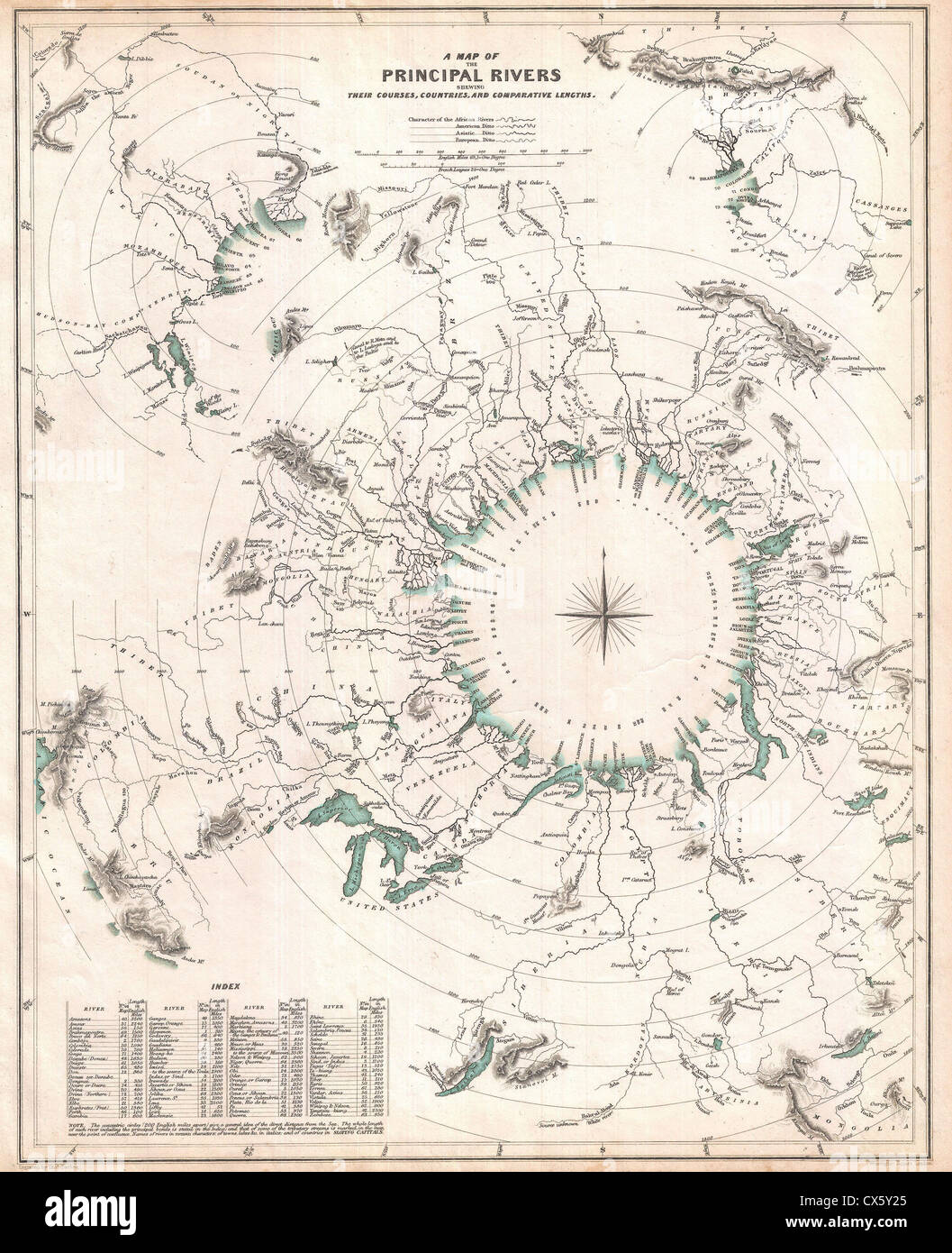 The 1834 S.D.U.K. comparative map charts the world's major rivers ...