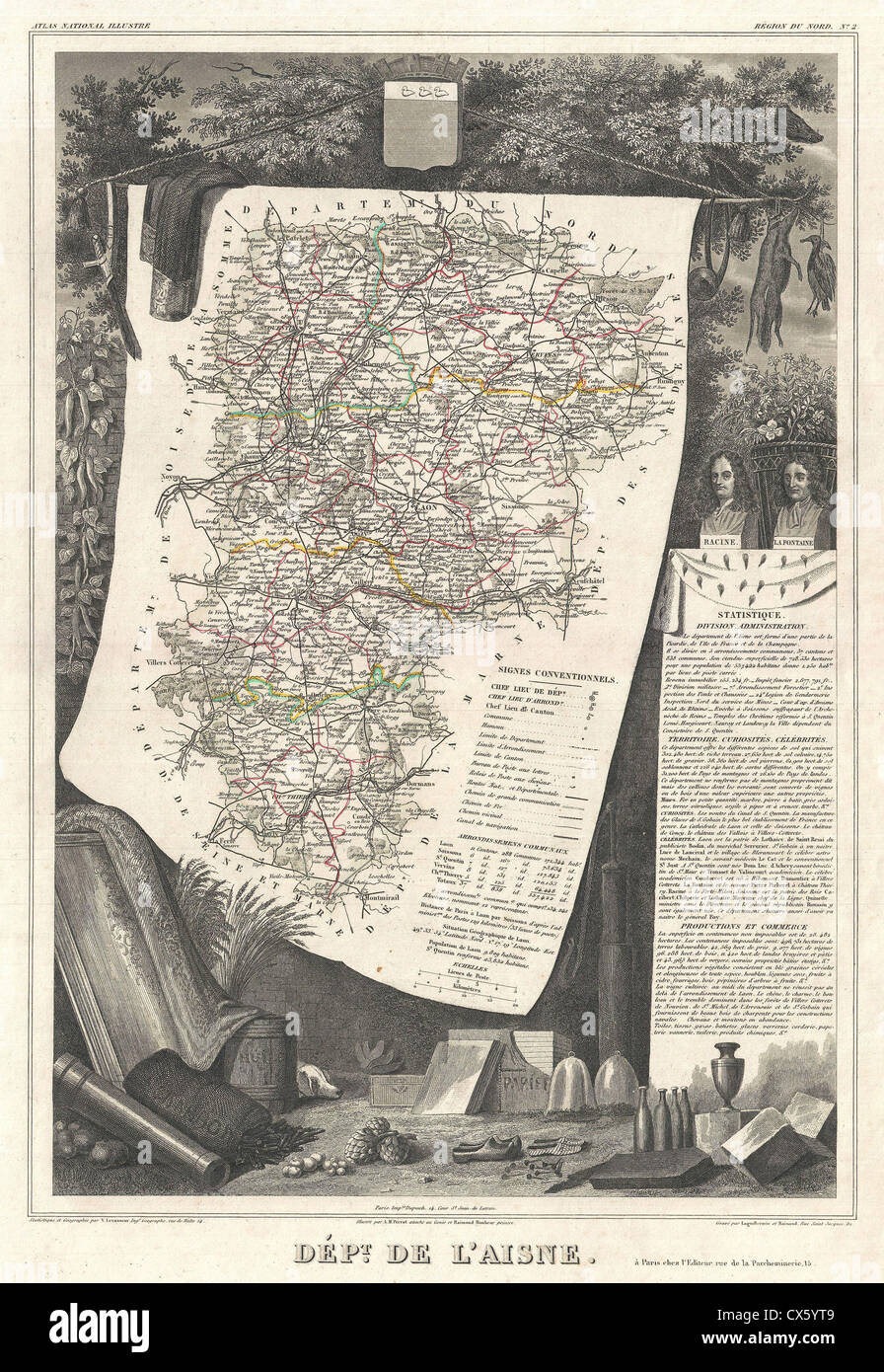 The 1852 Levasseur map of the Department L'Aisne in France is an ...
