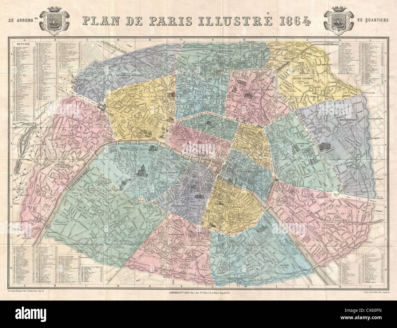 The 1864 Garnier Map of Paris, France, includes detailed ...
