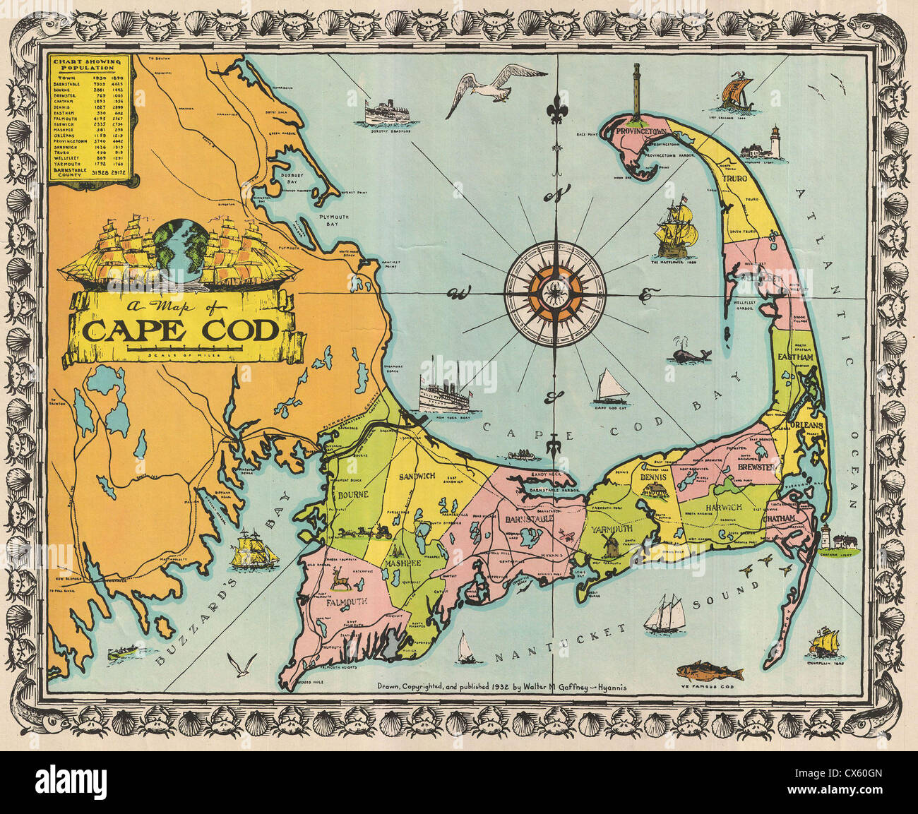 The 1932 Walter M. Gaffney map of Cape Cod offers a historical ...