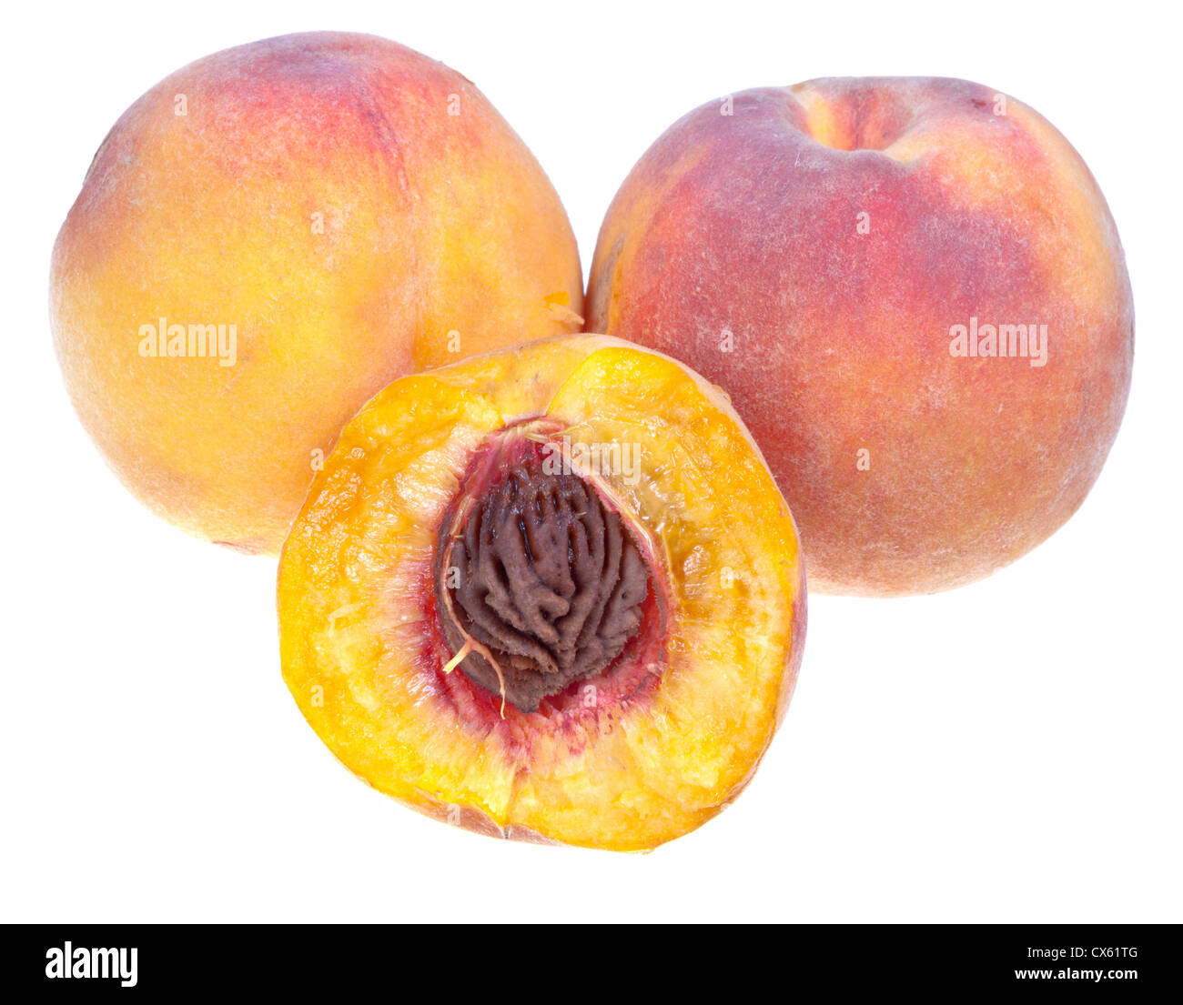 three fresh peaches isolated on white background Stock Photo - Alamy