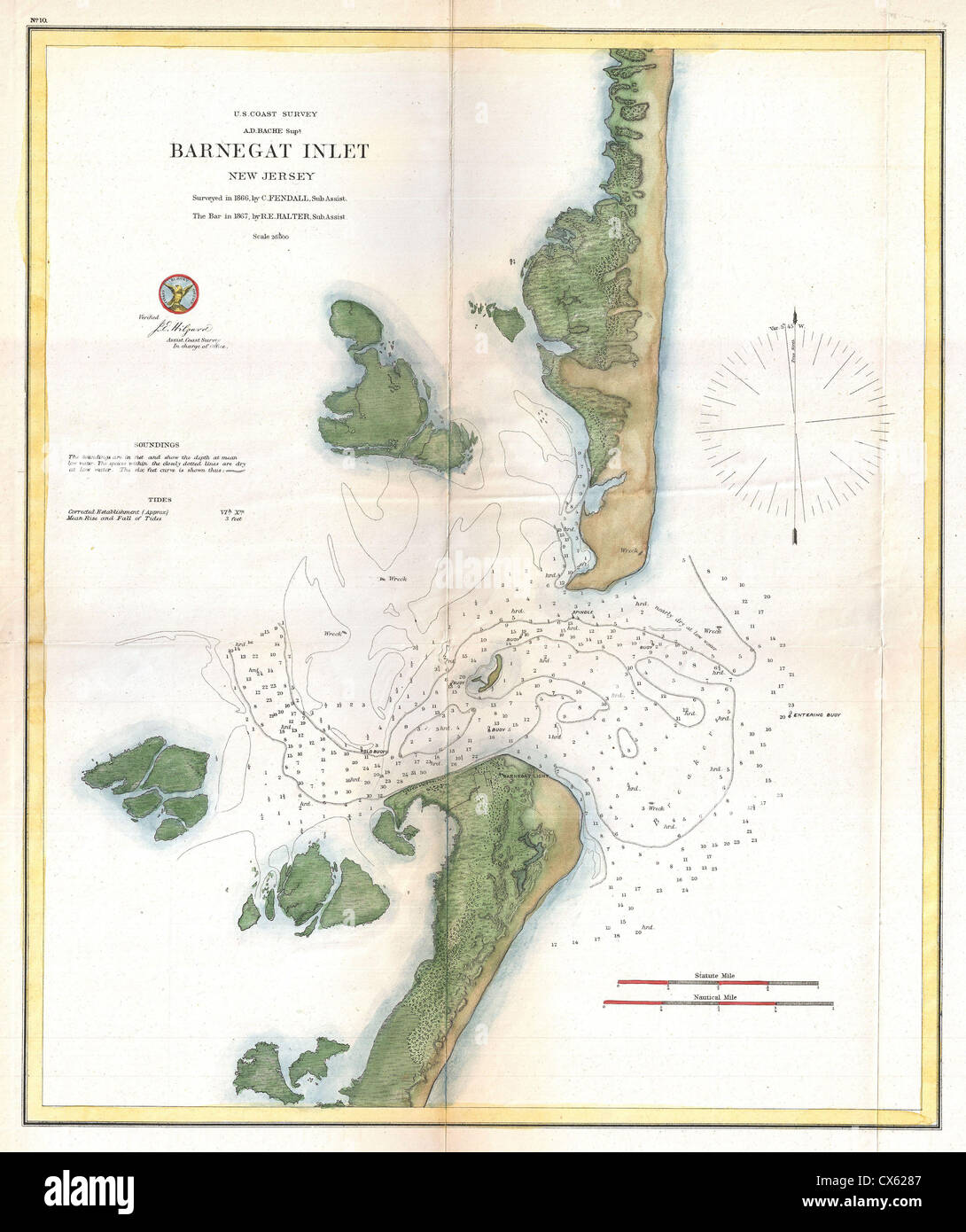 The 1865 U.S. Coast Survey map of Barnegat Inlet provides a detailed ...
