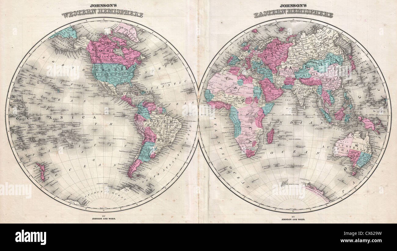 The 1866 Johnson Map of the World in Hemispheres is an antique map that ...
