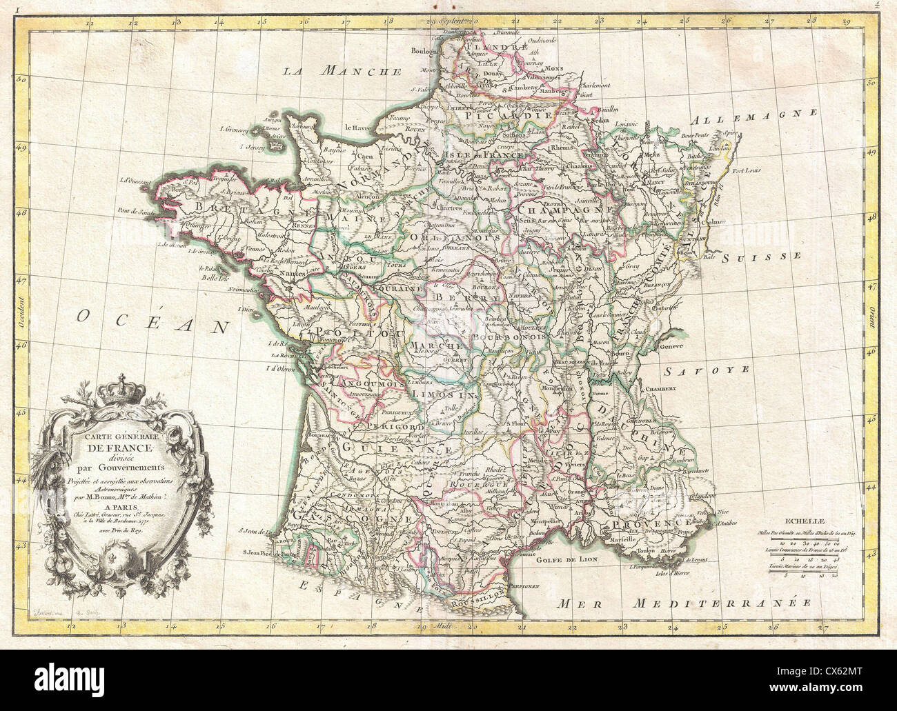 The 1771 Bonne map of France is an antique cartographic work, offering ...