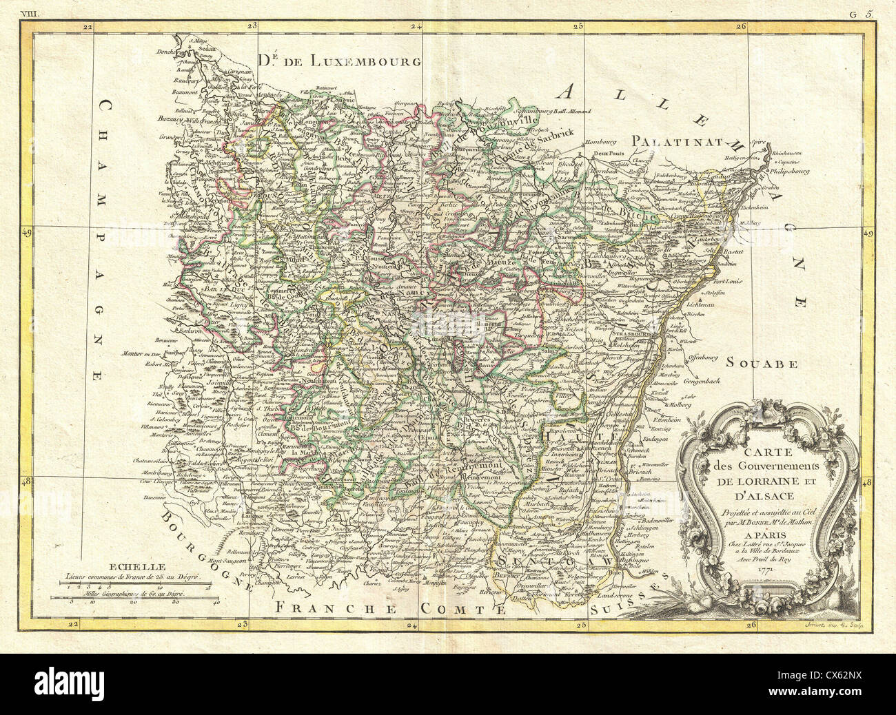 The 1771 Bonne Map of Alsace and Lorraine presents a detailed view of ...