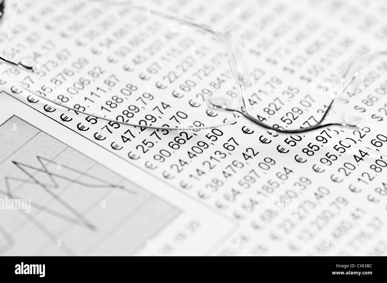 Eyeglasses on top of a sheet of paper white a chart and numbers. High ...
