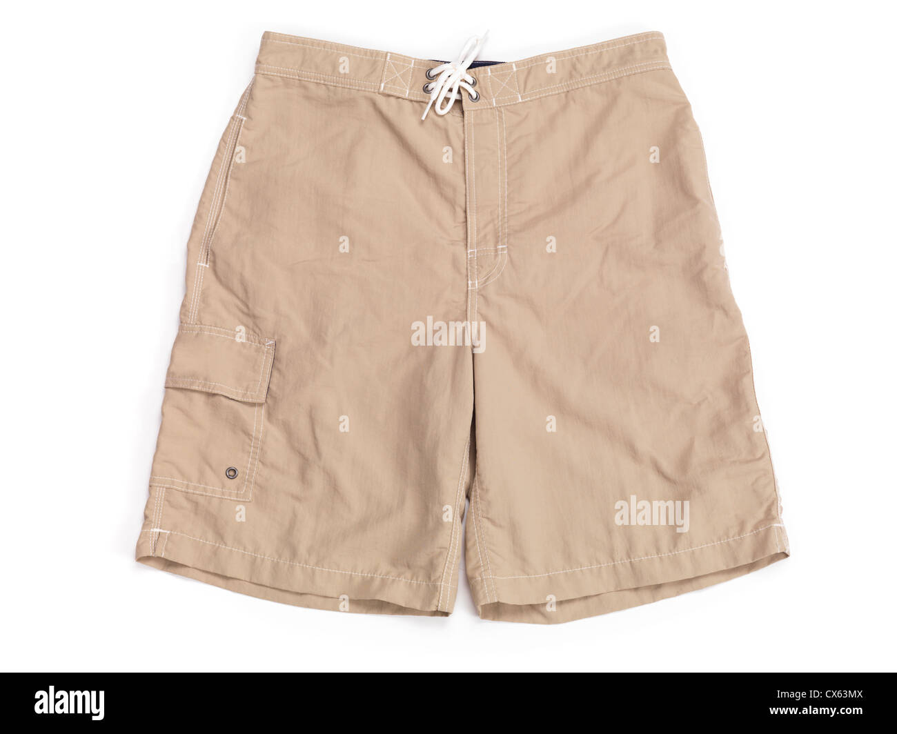 Mens khaki swimming trunks, boardshorts isolated on white background ...