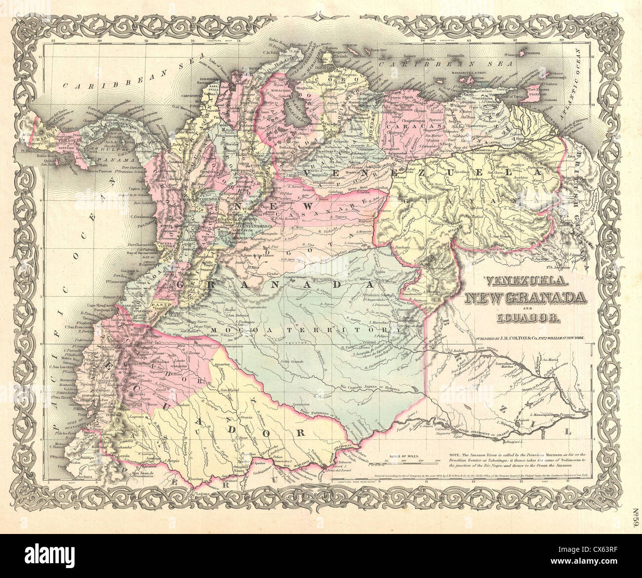 The 1855 Colton Map of Columbia, Venezuela, and Ecuador is an antique ...