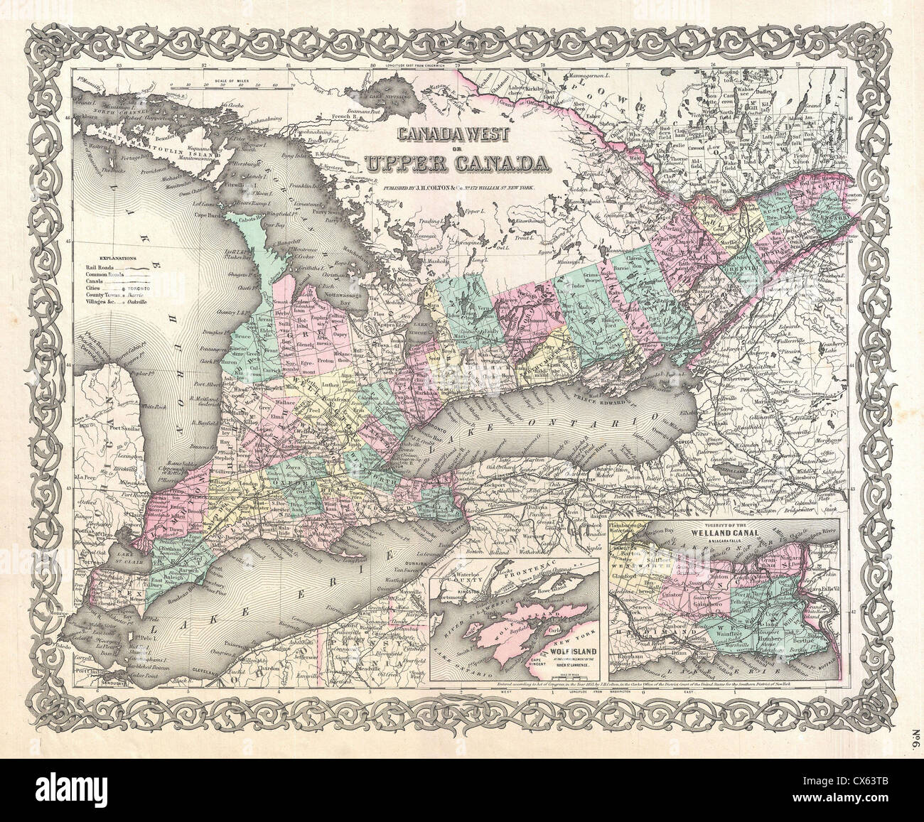 The 1855 Colton Map of Upper Canada (Ontario) provides a detailed ...