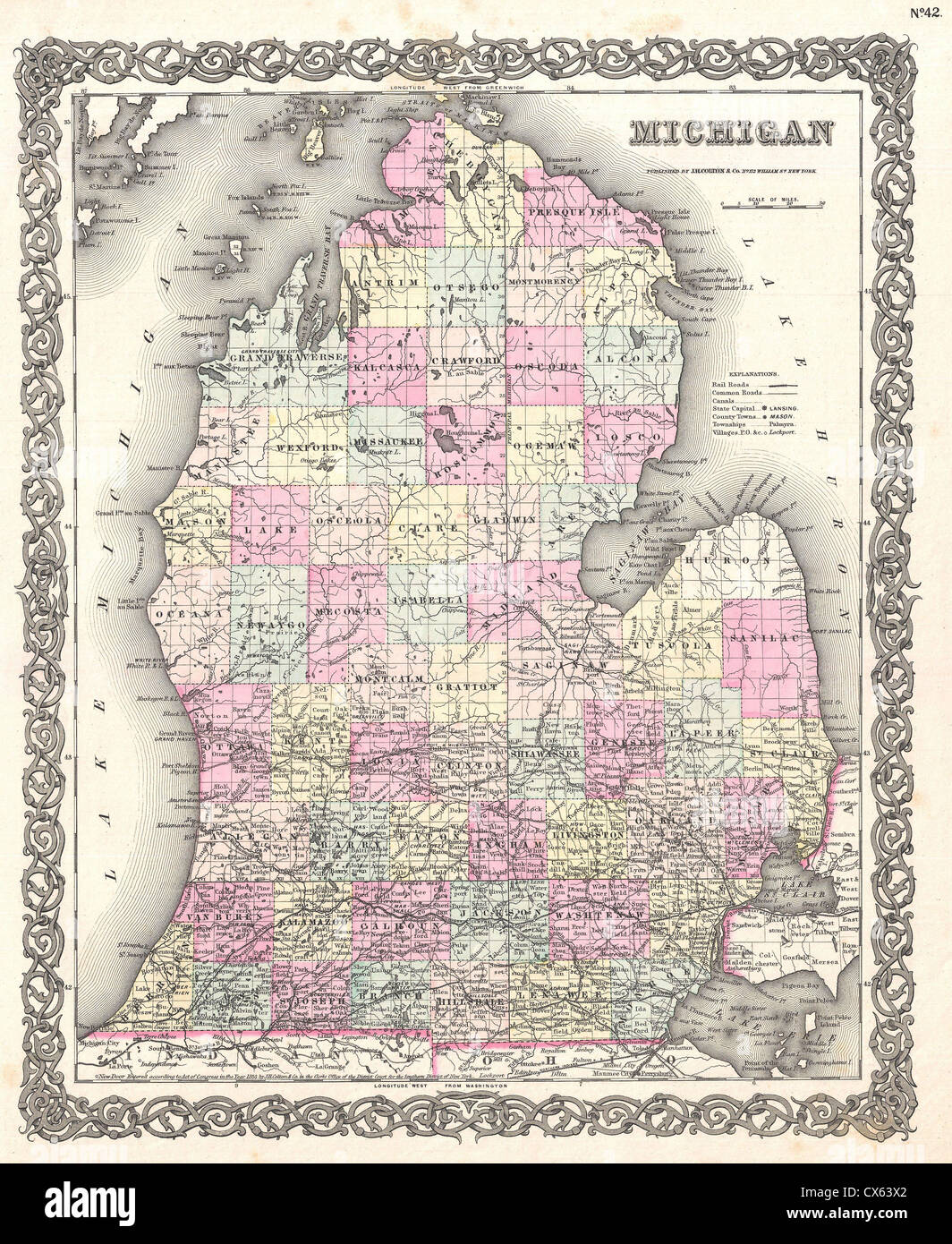 The 1855 Colton Map of Michigan showcases the state’s geography ...