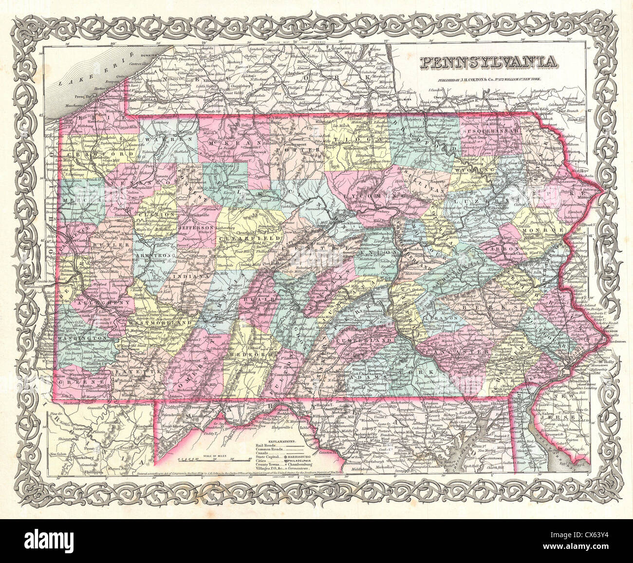The 1855 Colton Map of Pennsylvania is a historical map detailing the ...