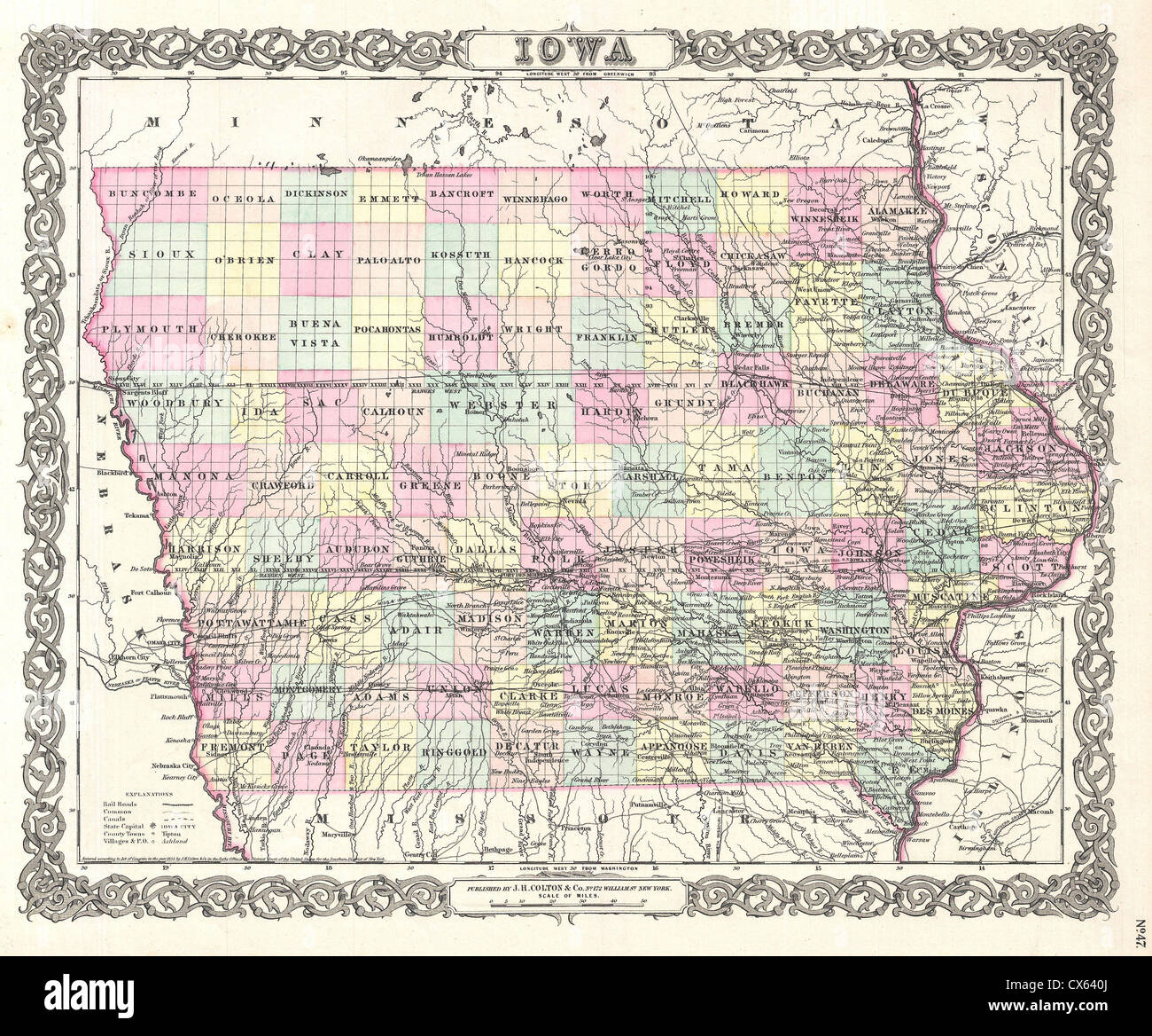 The 1855 Colton Map of Iowa is an antique map detailing the state's ...