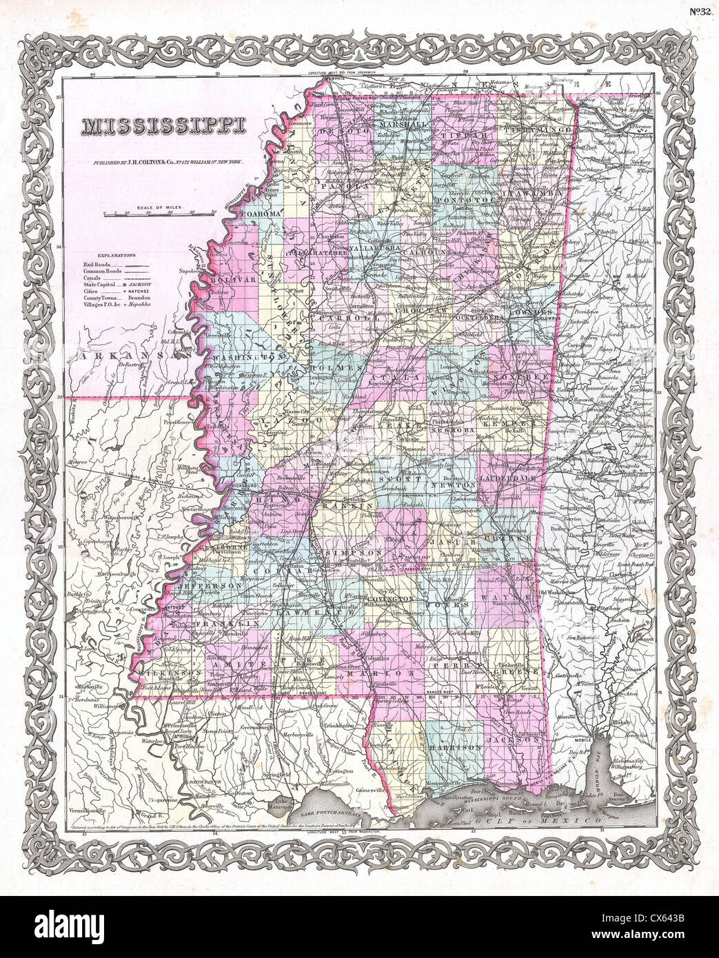 The 1855 Colton map of Mississippi is an antique geographical map that ...