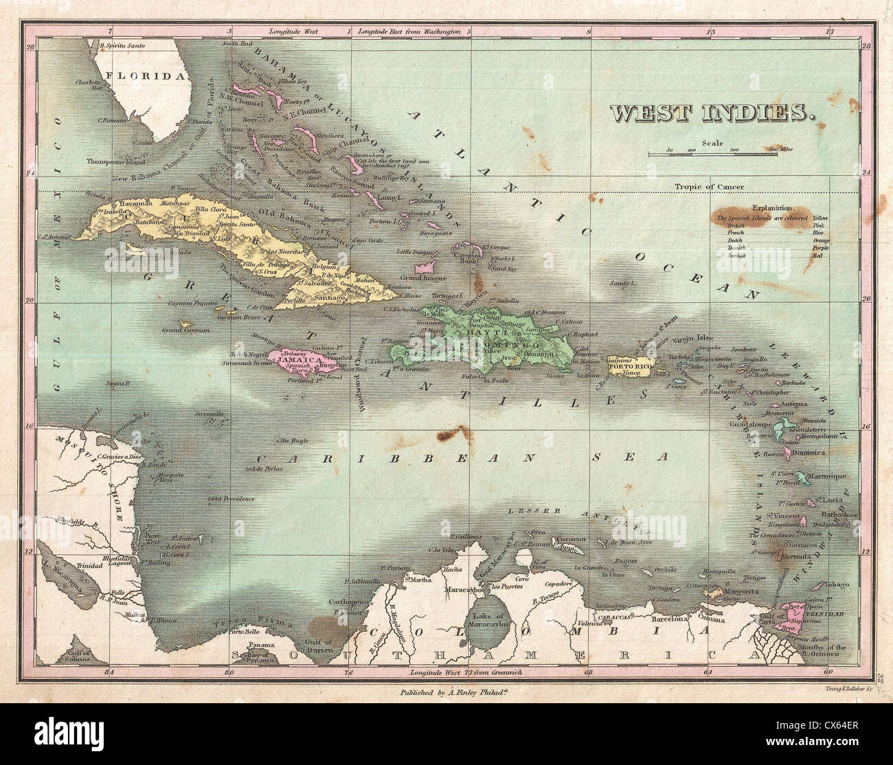 The 1827 Finley map shows the West Indies, Caribbean, and Antilles ...