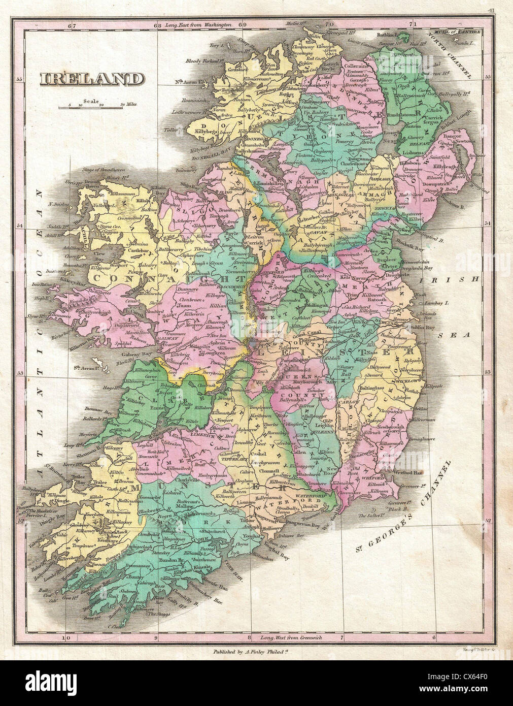 The 1827 Finley Map of Ireland is an antique map that provides a ...