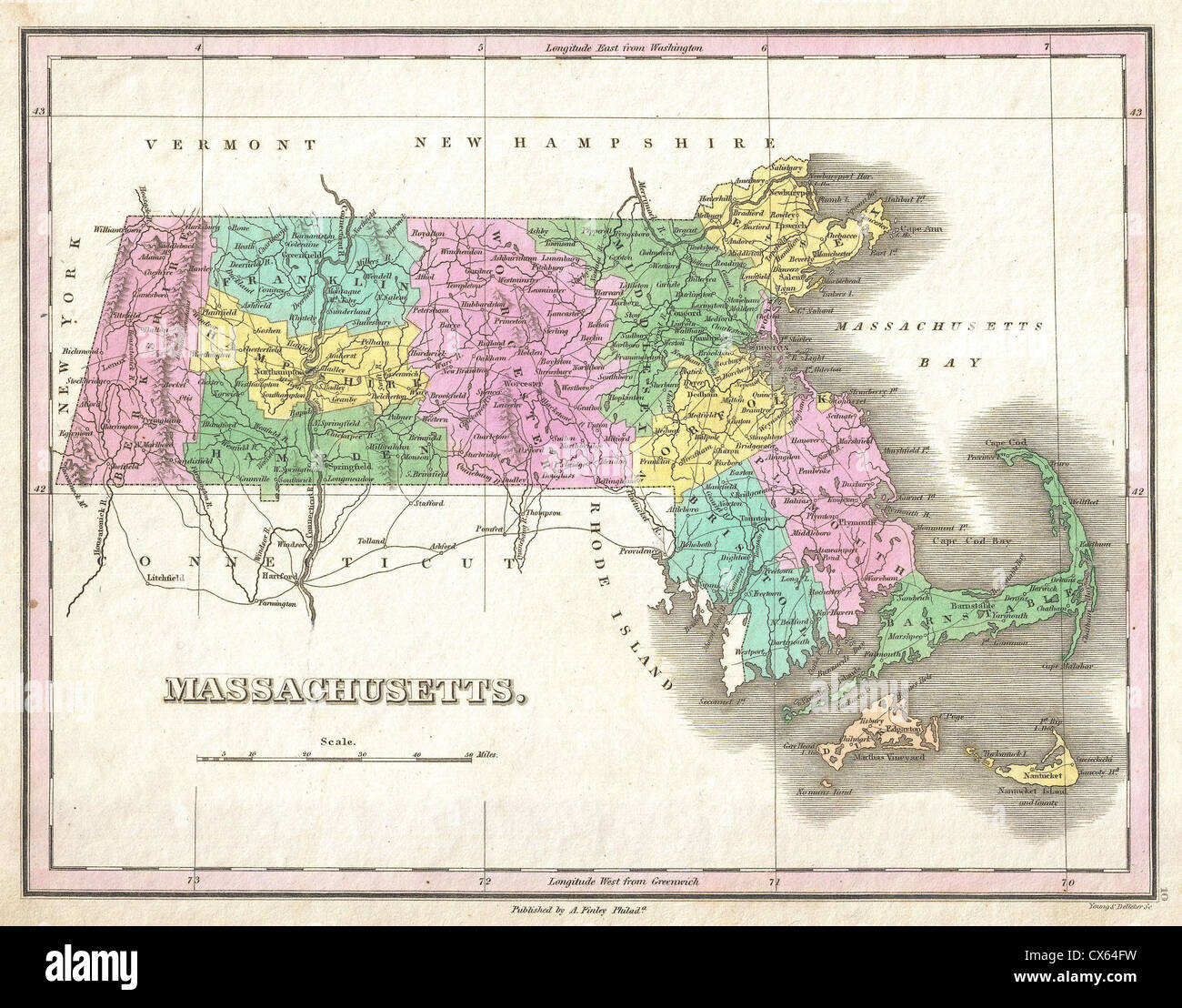 The 1827 Finley Map of Massachusetts is an antique map that showcases ...