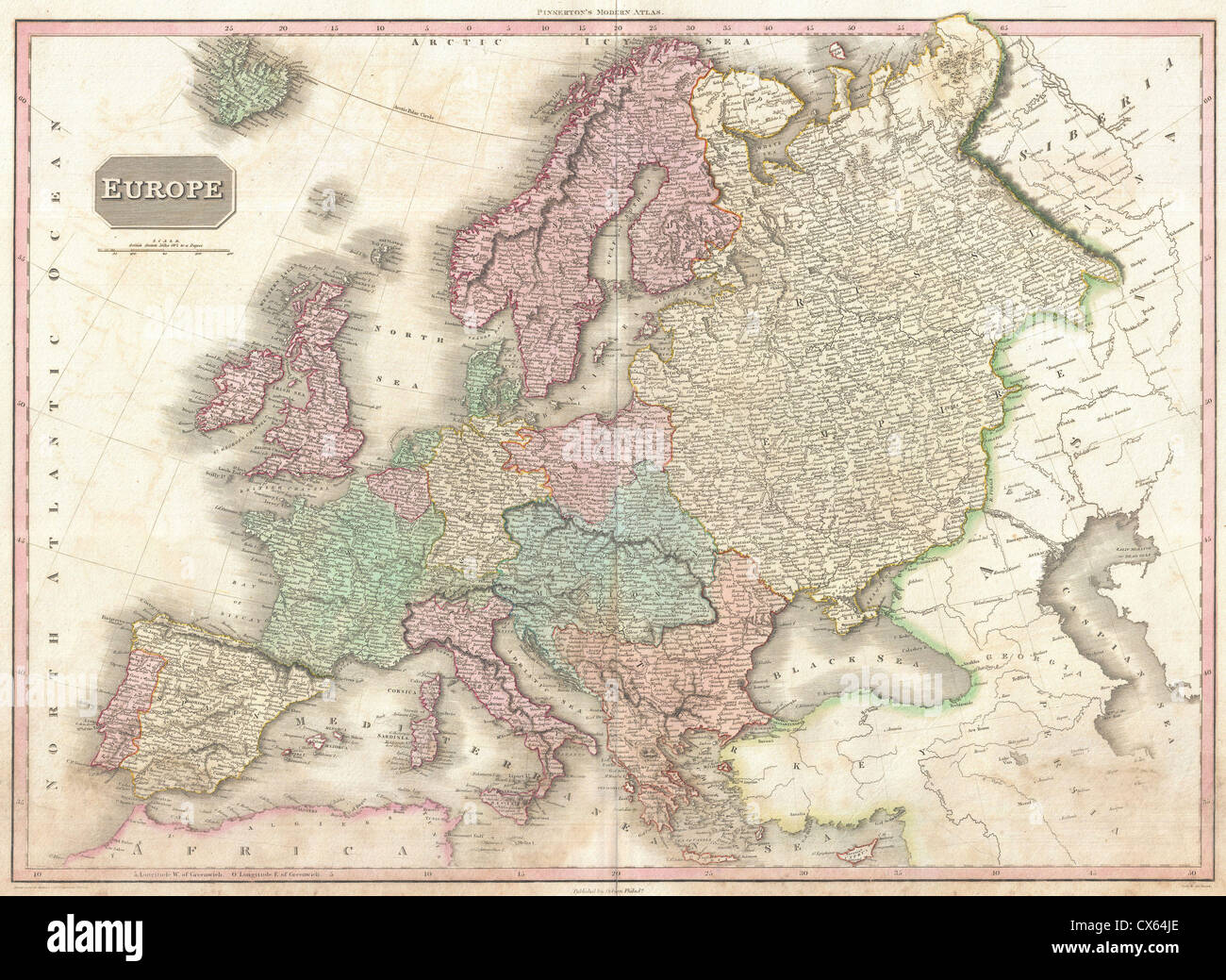 The 1818 Pinkerton Map of Europe is a historical map depicting the ...
