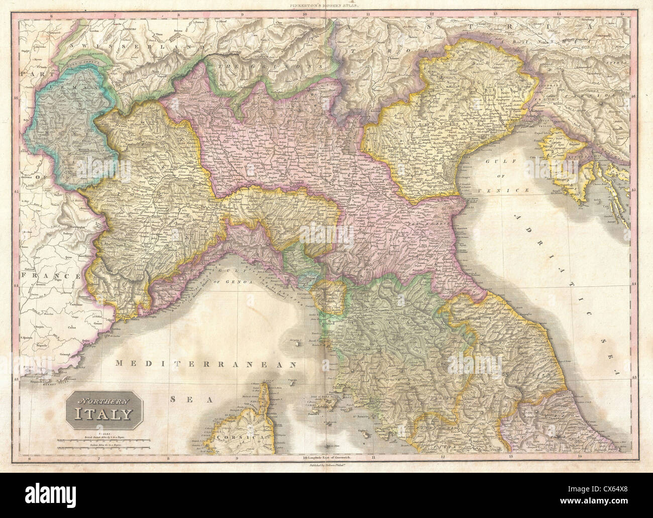 The 1818 Pinkerton Map of Northern Italy shows the regions of Tuscany ...