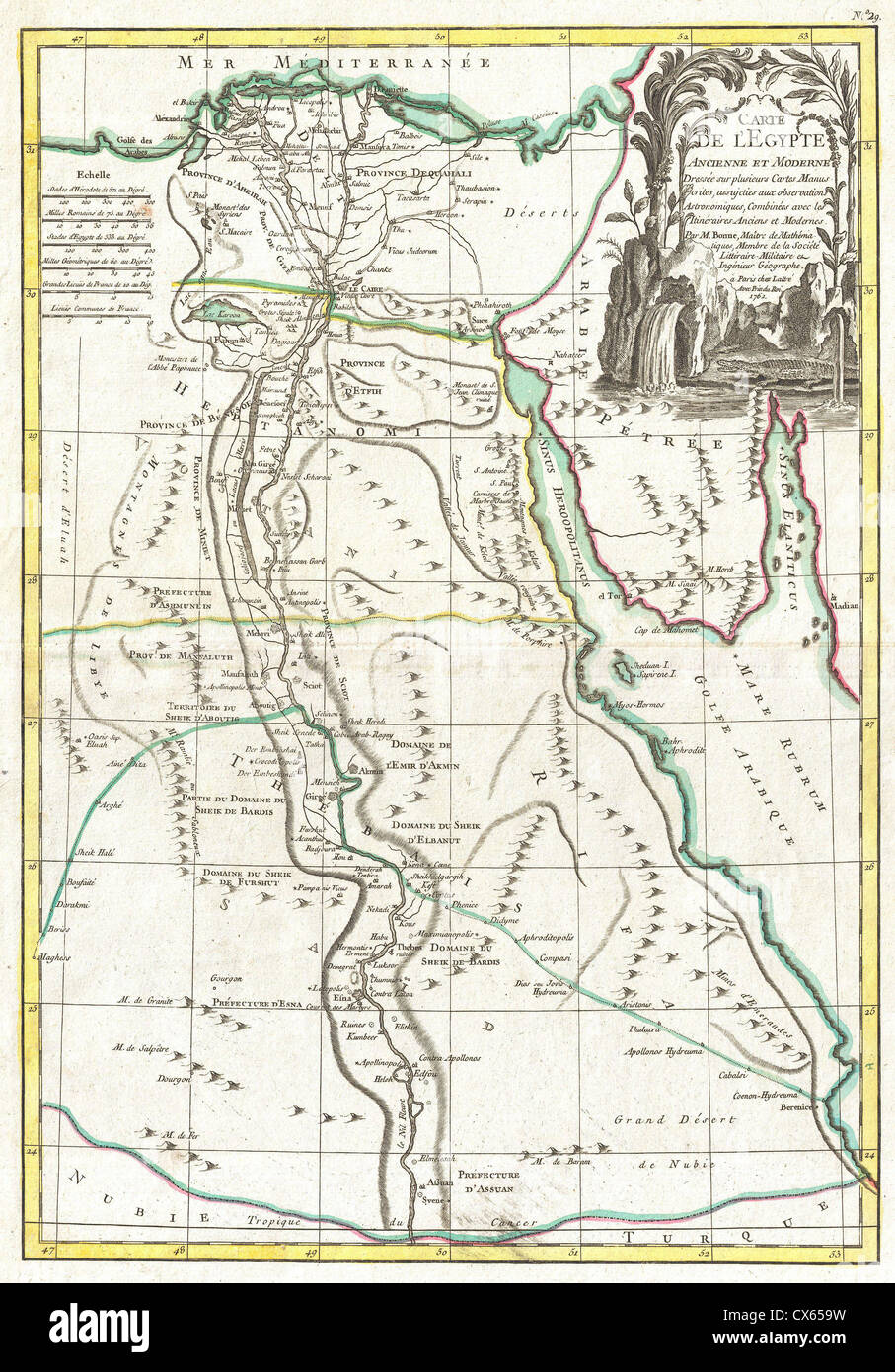 The 1762 Bonne map of Egypt is an antique cartographic representation ...
